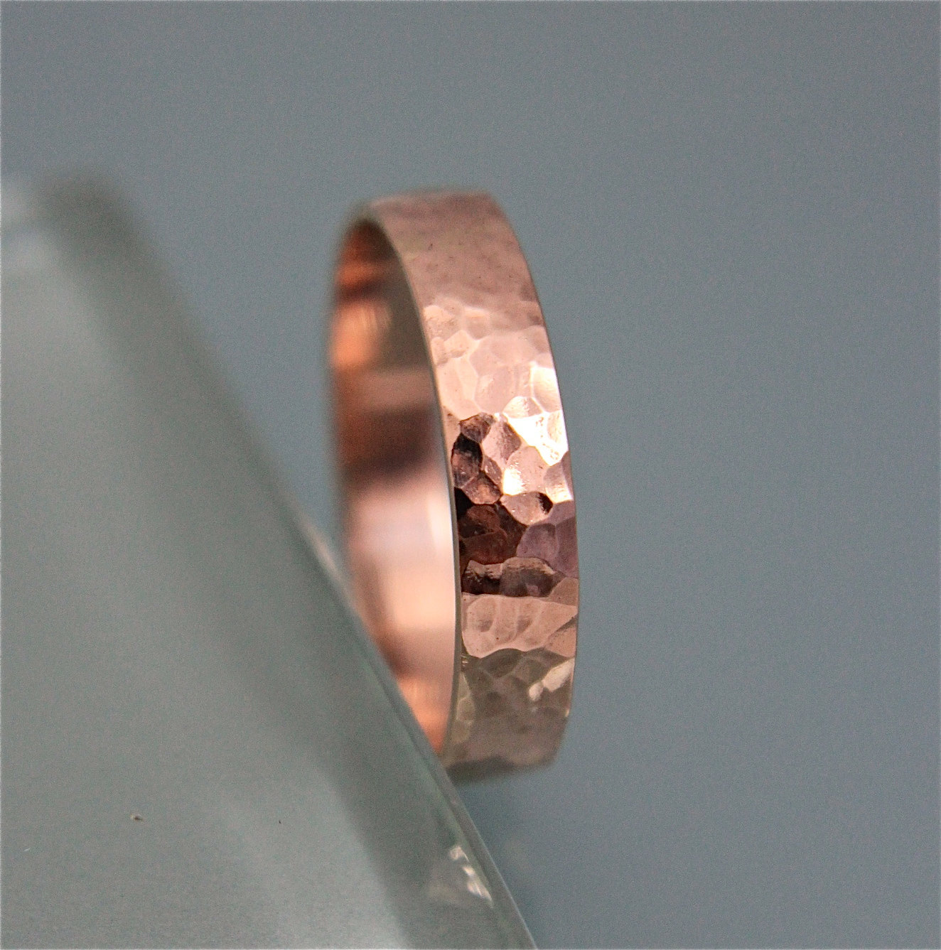 Rose Gold Hammered Wedding Ring 14k Gold Flat Rectangle 4mm | Etsy