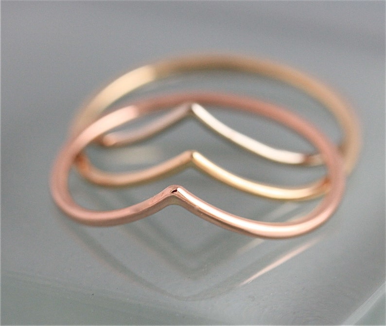 Chevron Wave Ring 14k SOLID Tri Color Gold Stacking Band Set - Etsy