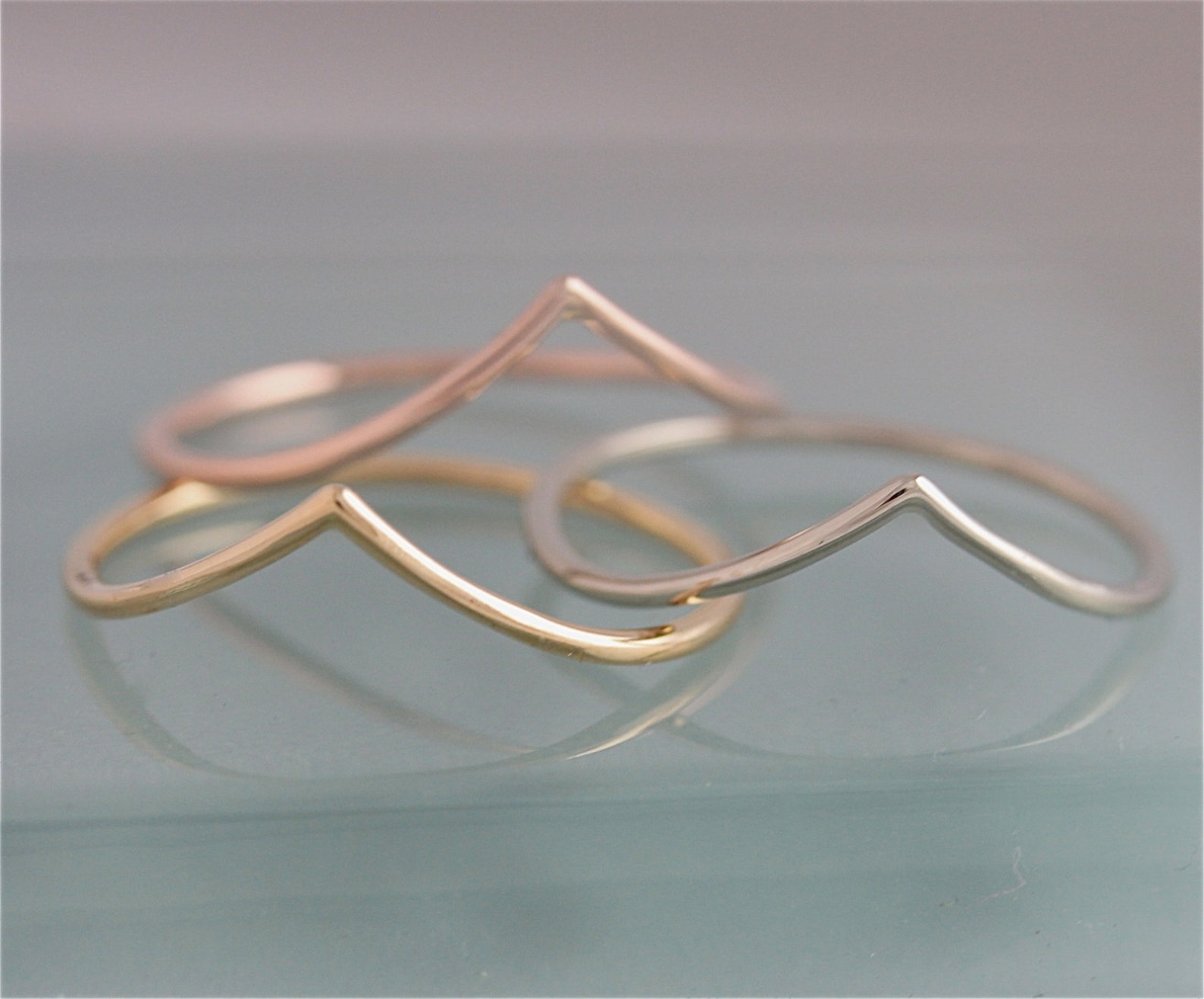 Chevron Wave Ring 14k SOLID Tri Color Gold Stacking Band Set - Etsy