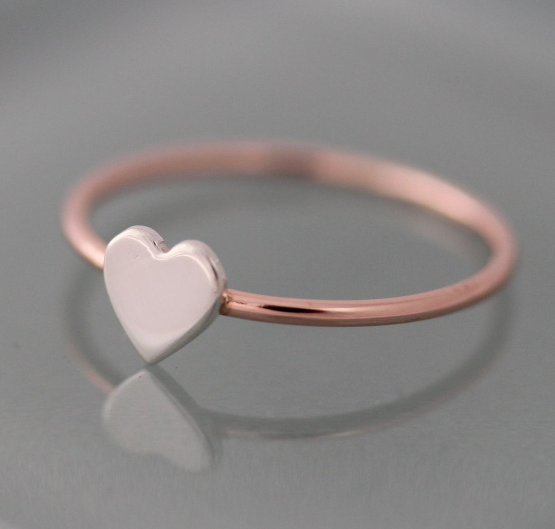 Rose Gold Ring Tiny Silver Heart 14k SOLID Gold 1mm Band With Sterling ...