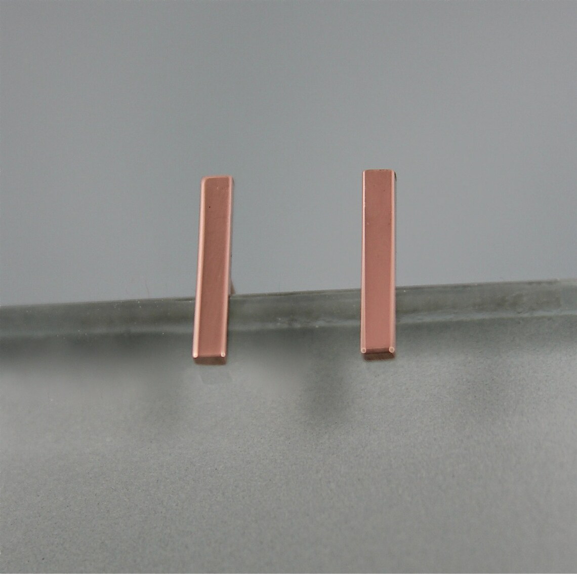 14k SOLID Rose Gold Bar Line Staple Stud Earrings Mirror | Etsy
