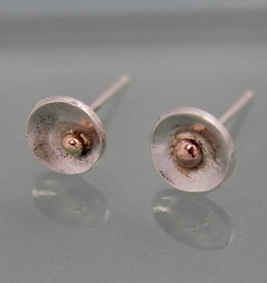 Tiny Rustic Sterling Silver Cup Nest Stud Earrings With 14k Rose Gold ...