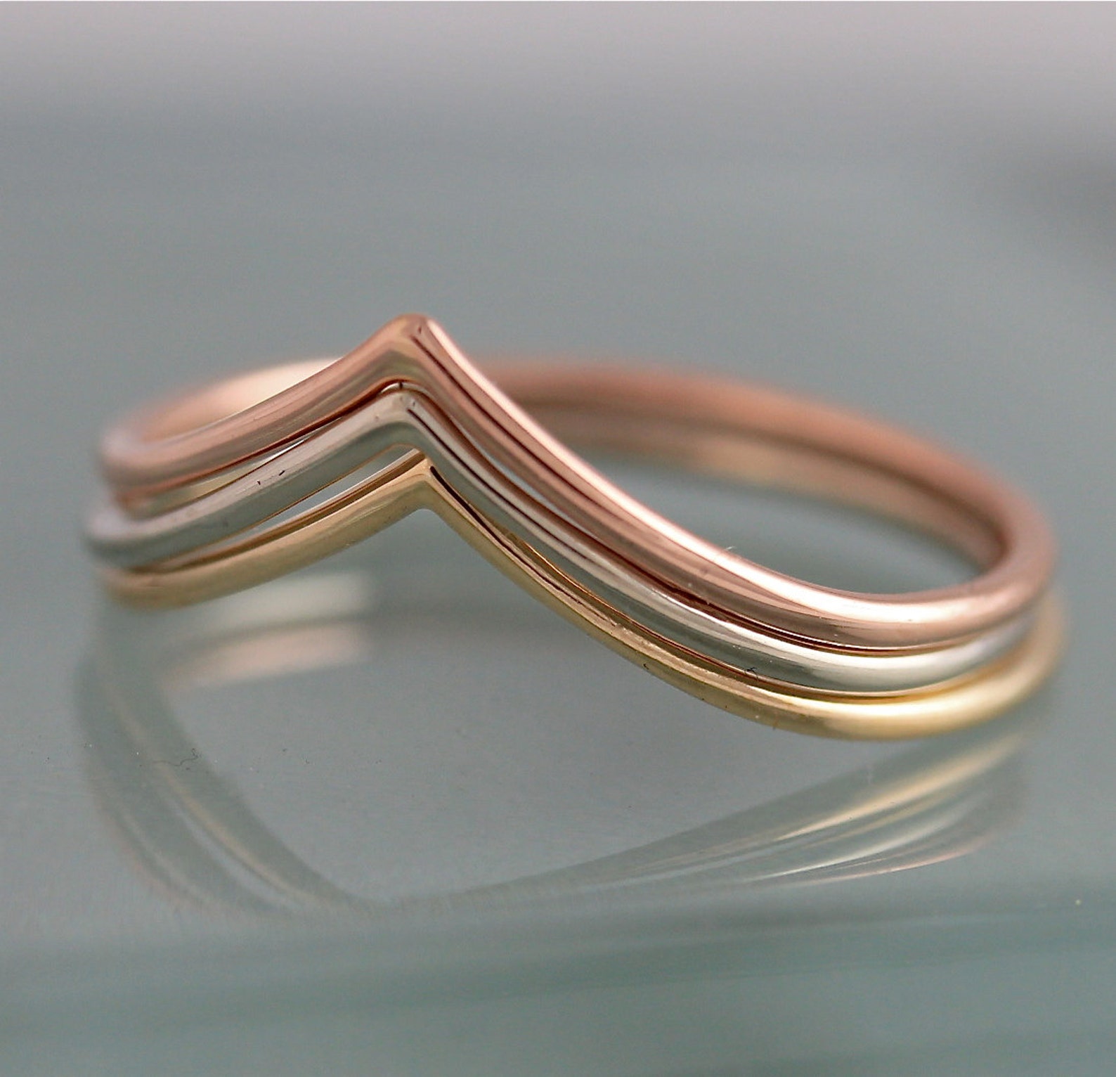 Chevron Wave Ring 14k SOLID Tri Color Gold Stacking Band Set - Etsy