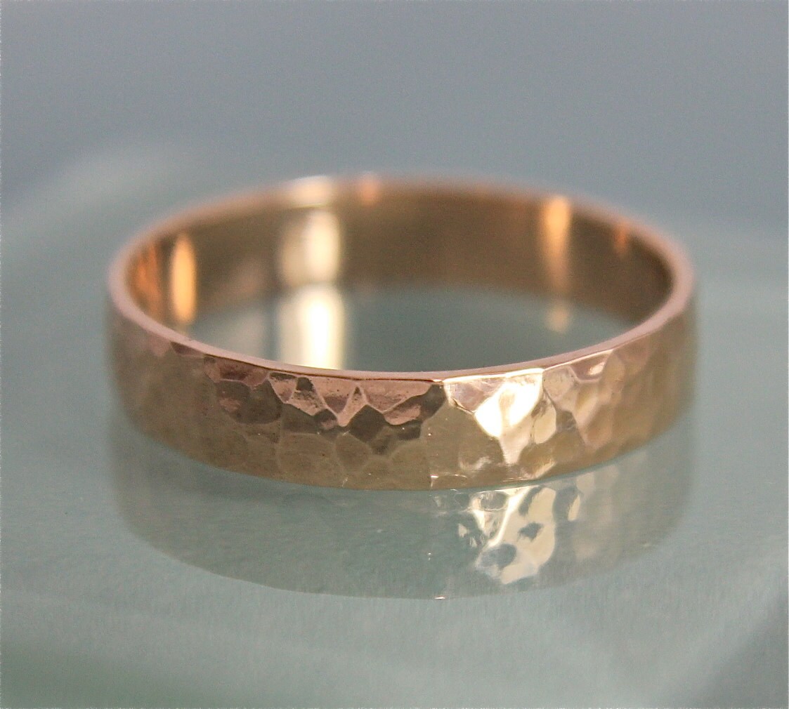 Rose Gold Hammered Wedding Ring 14k Gold Flat Rectangle 4mm - Etsy