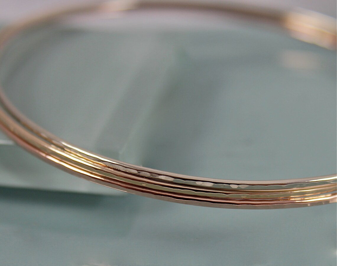 Solid Gold Bangle Set of Three 3 - SOLID 14k Gold Sparkle 1.3mm Bangle ...