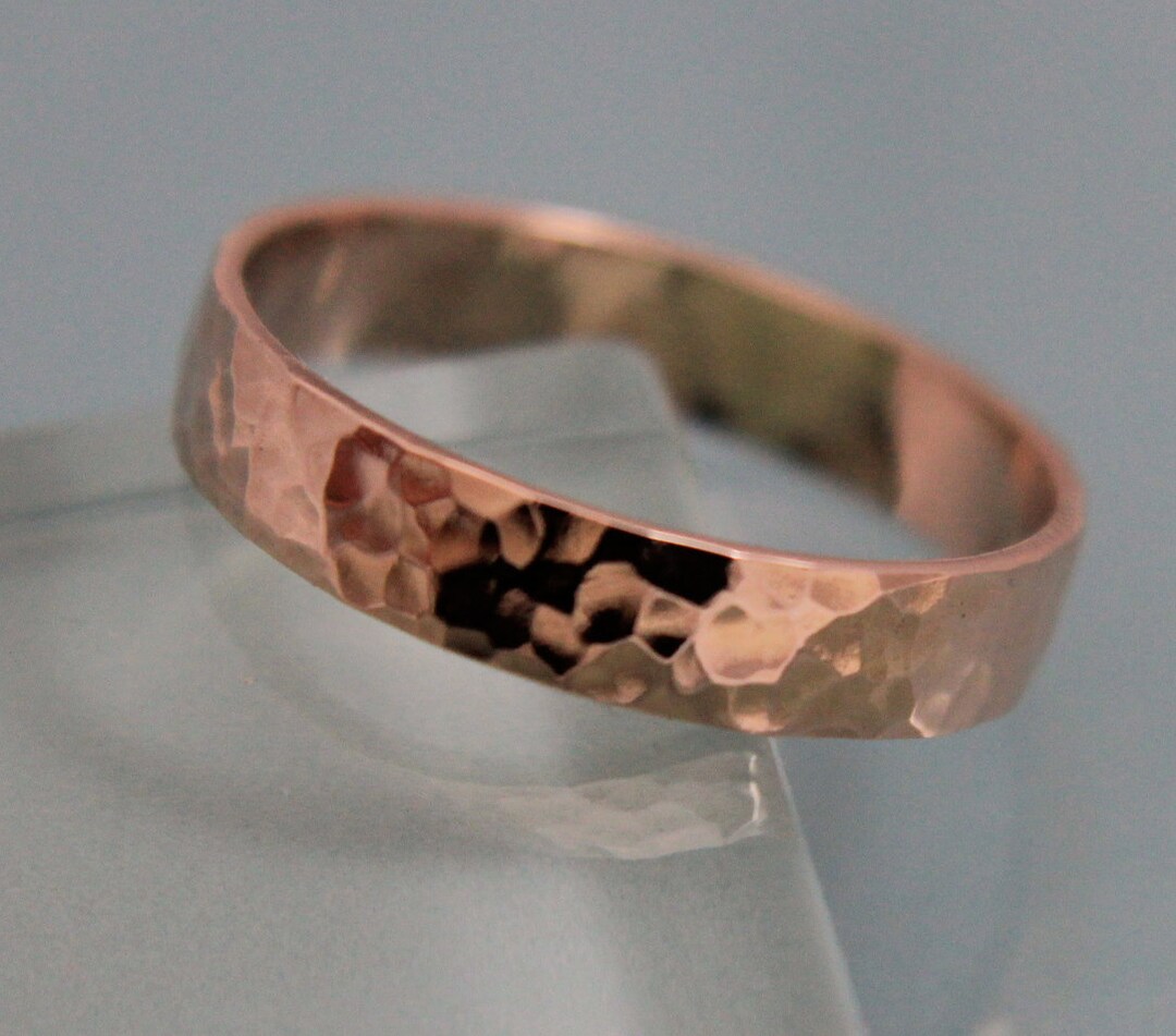 Rose Gold Hammered Wedding Ring 14k Gold Flat Rectangle 4mm X 1mmwide ...