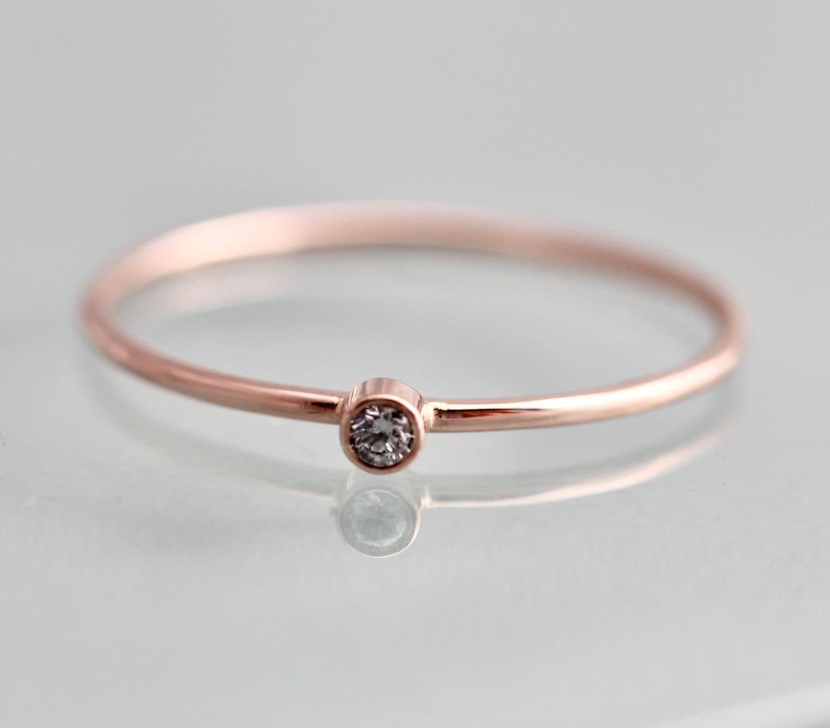 Tiny Diamond Ring 14k Rose Gold Engagement 1mm Band 2mm | Etsy
