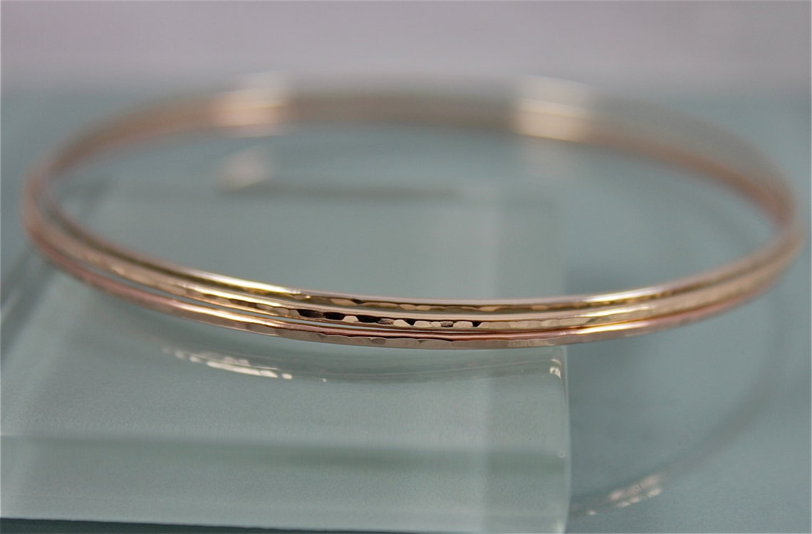 Solid Gold Bangle Set of Three 3 SOLID 14k Gold Sparkle - Etsy