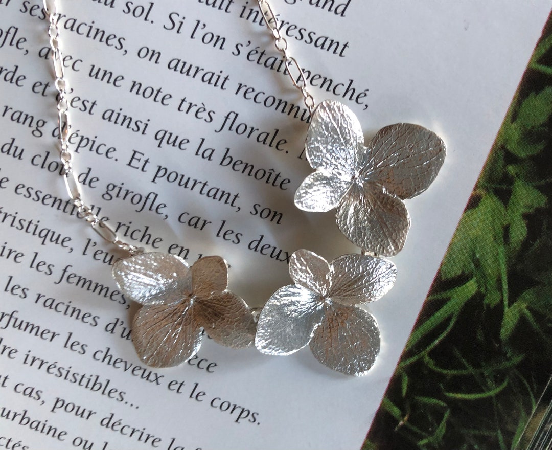 Three Hydrangea Necklace in Sterling Silver, Real Hydrangea Flower ...