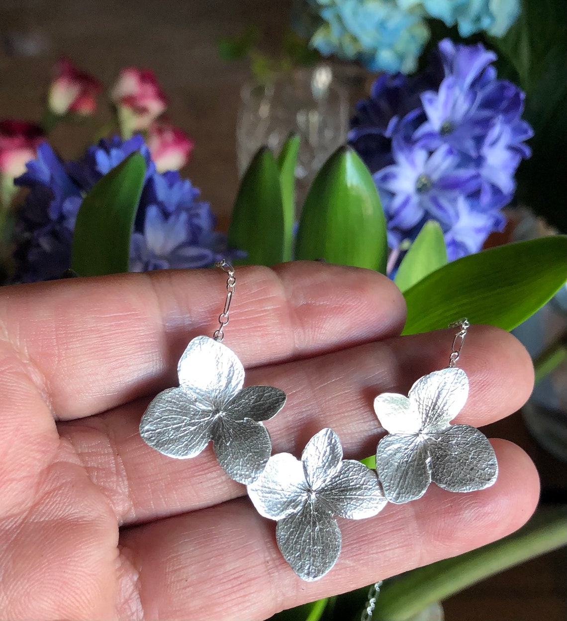 Three Hydrangea Necklace in Sterling Silver Real Hydrangea - Etsy