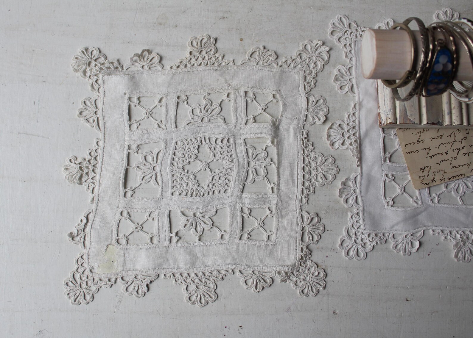 PAIR Vintage Tatted Square Doily With Cutouts - 10" Great for Layering ...