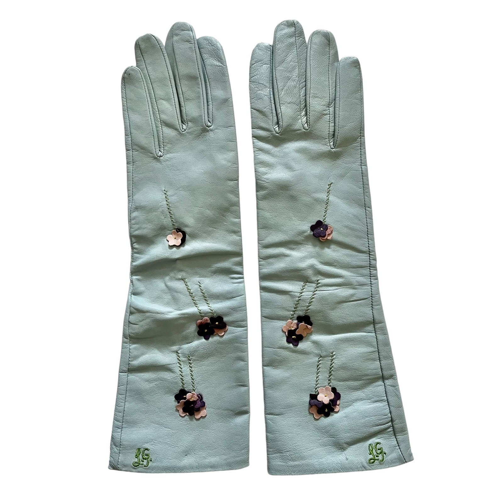 Lulu Guinness Floral Appliqué Baby Blue Leather Silk Lined 3/4-length ...