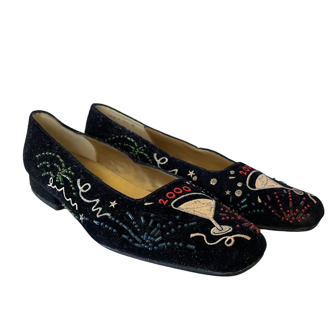 Y2K NYE Vintage Beaded Black Velvet Flats 2000 Millennium New Year's ...