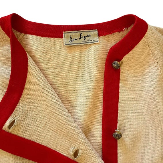 RARE Vintage Don Loper Cream Knit Red Trim Mod Cardig… - Gem