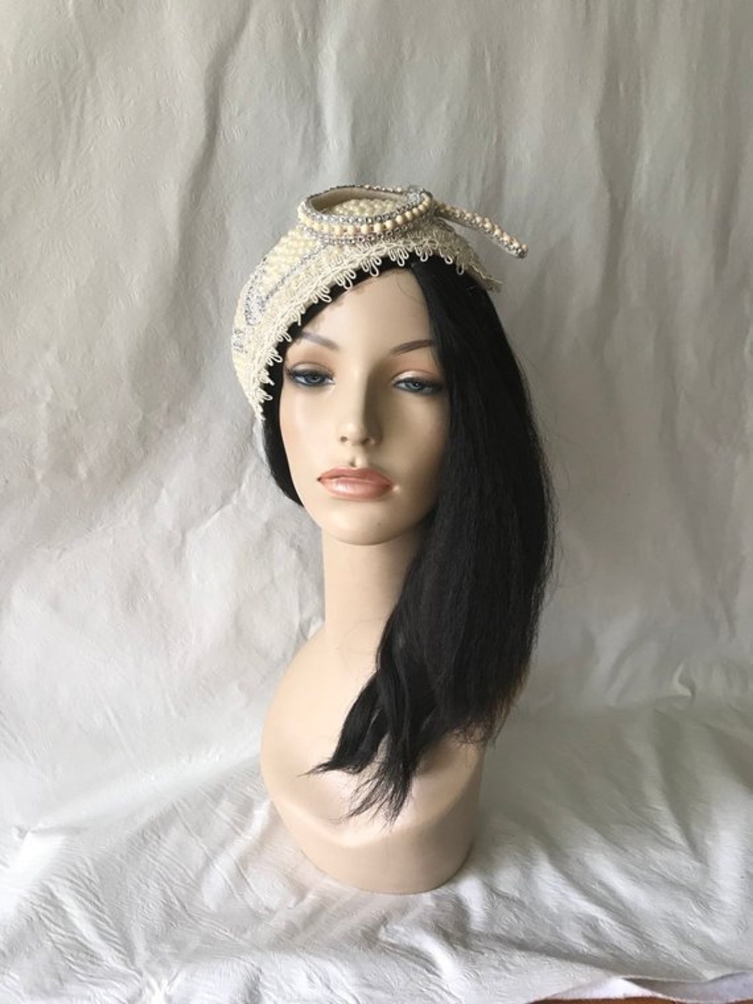 Ivory Vintage Style 1950s - 1960s Pearl Beaded Church Half Hat ...
