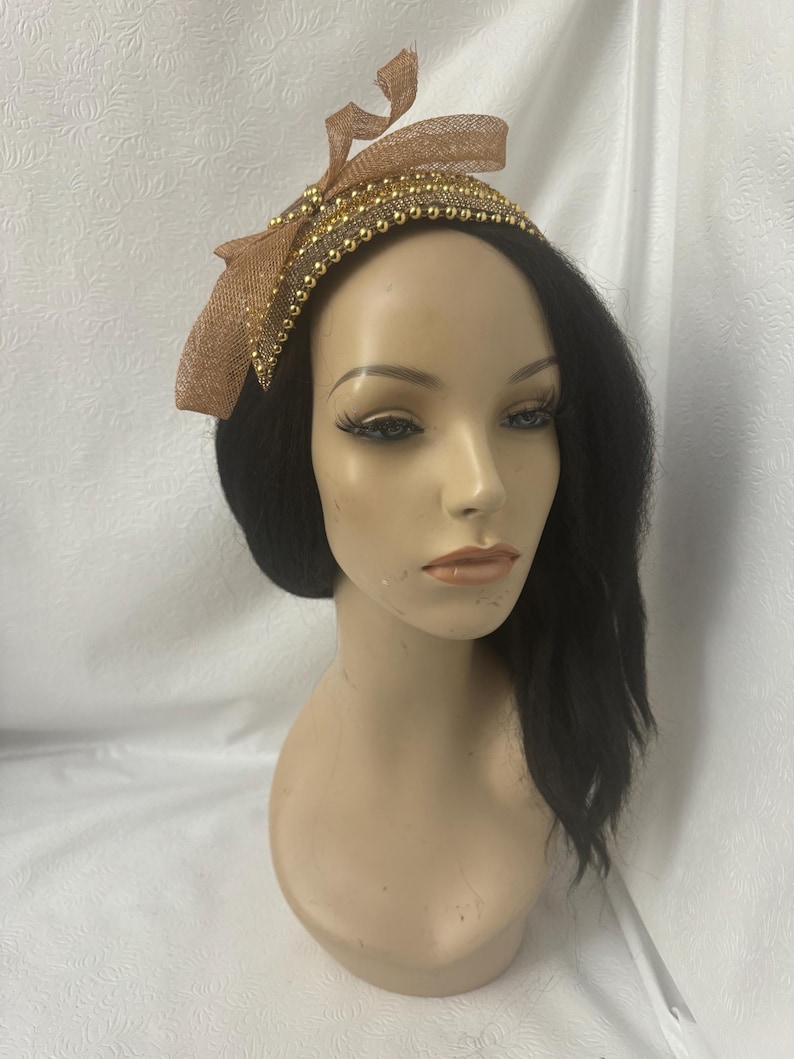 Elegant Bronze and Gold Pearl Beaded Fascinator Half Hat for Church ...