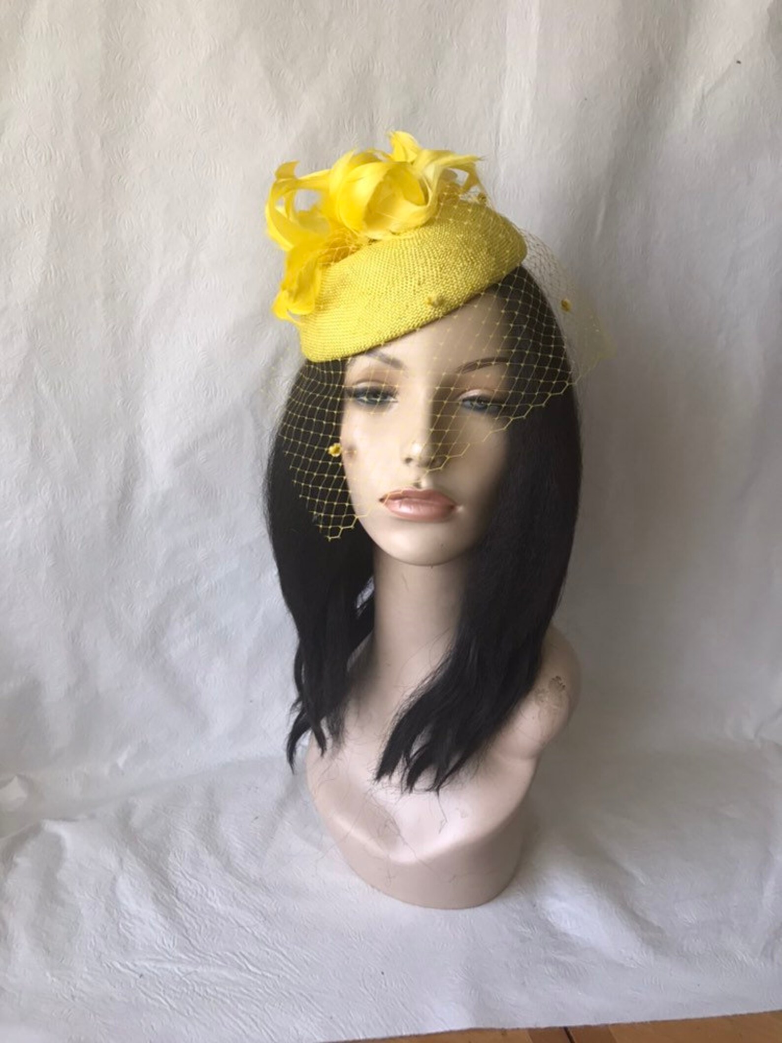 Yellow Fascinator Hat With Dot Veil, Wedding, Mother of Bride, Women's ...
