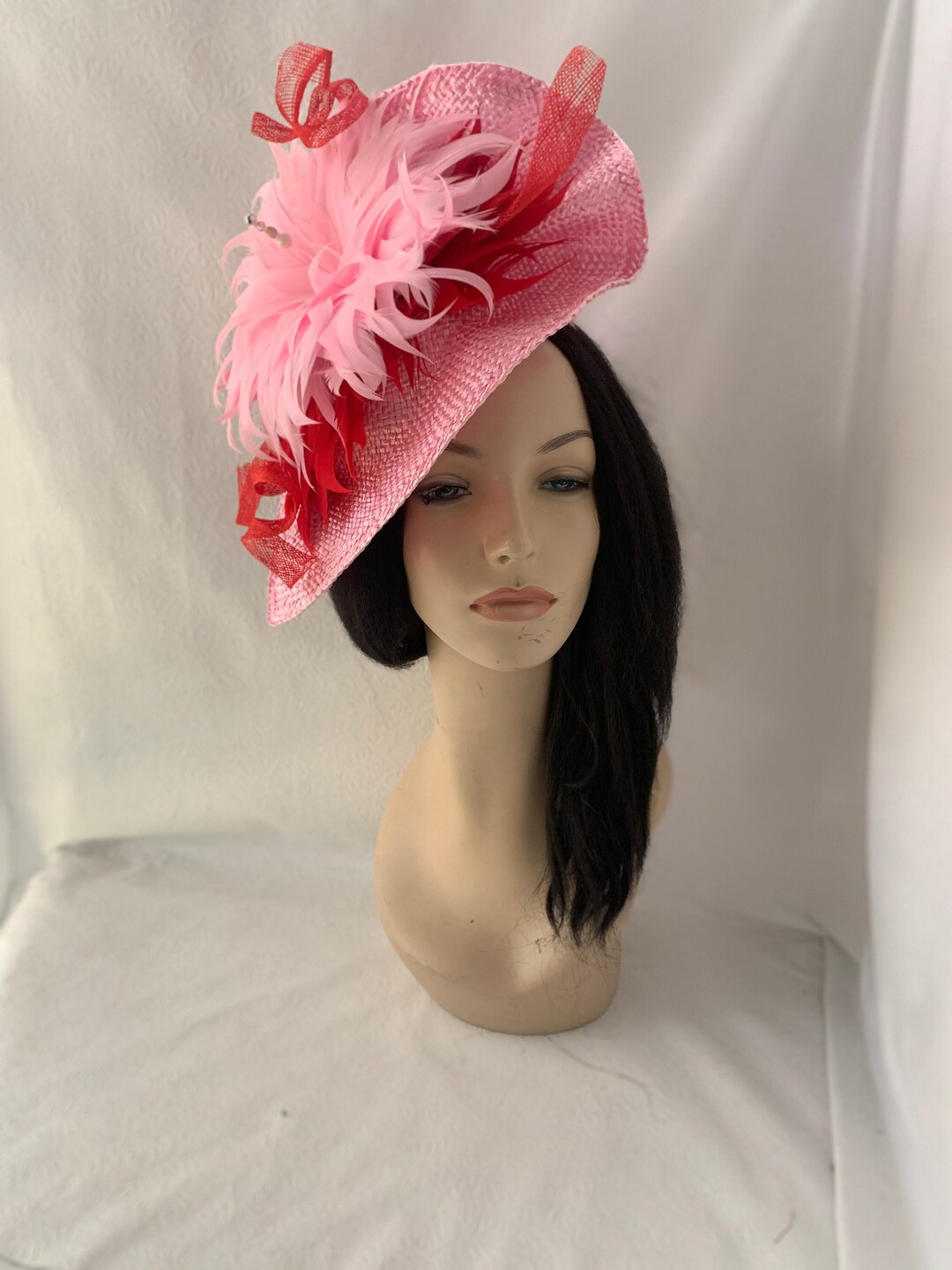 Pink With Red Kentucky Derby Feather Fascinator Headband Hat, Mother of ...