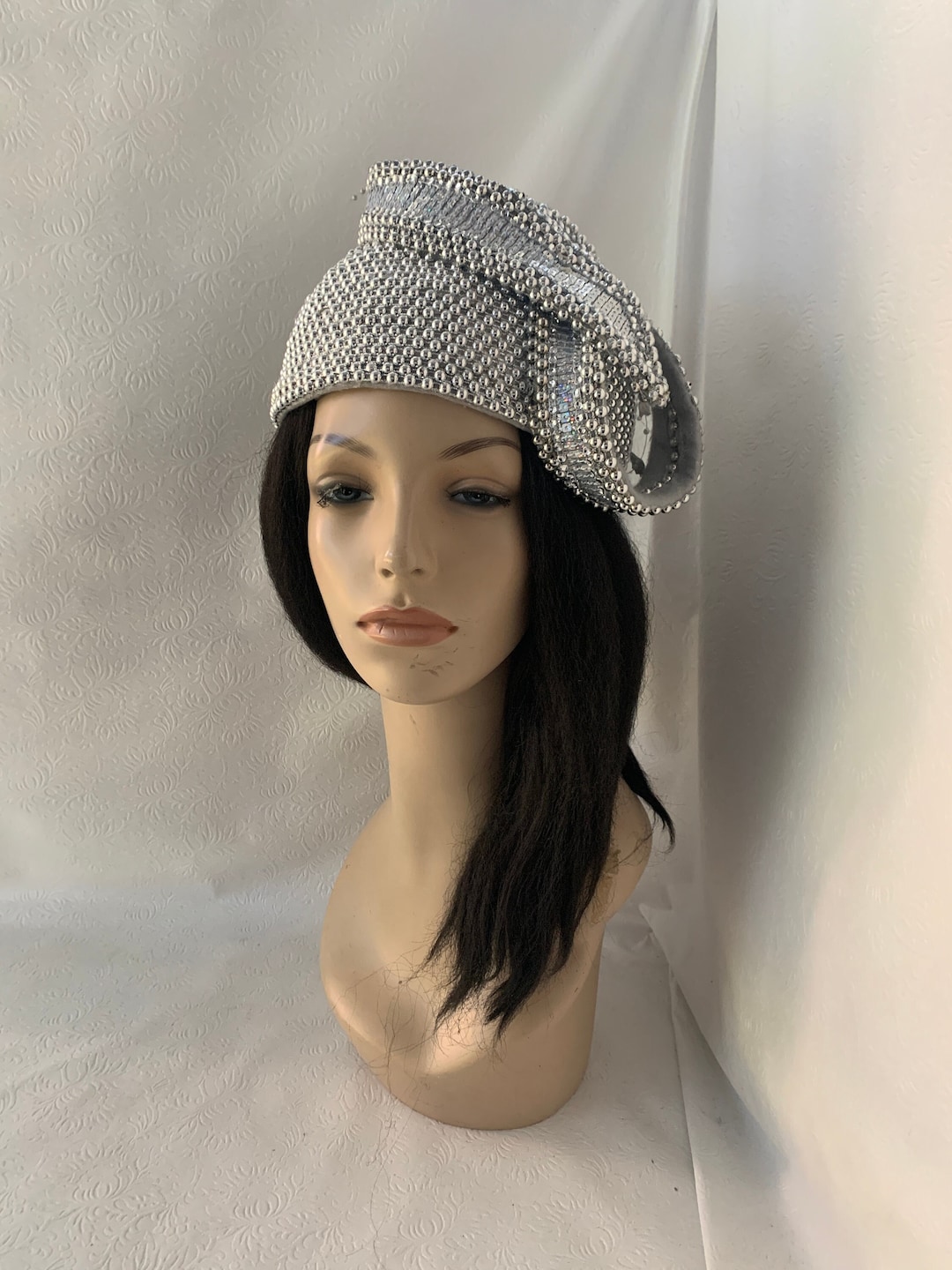 Silver Metallic Pearl Beaded Women's Church Hat, Tea Party, Mother of ...