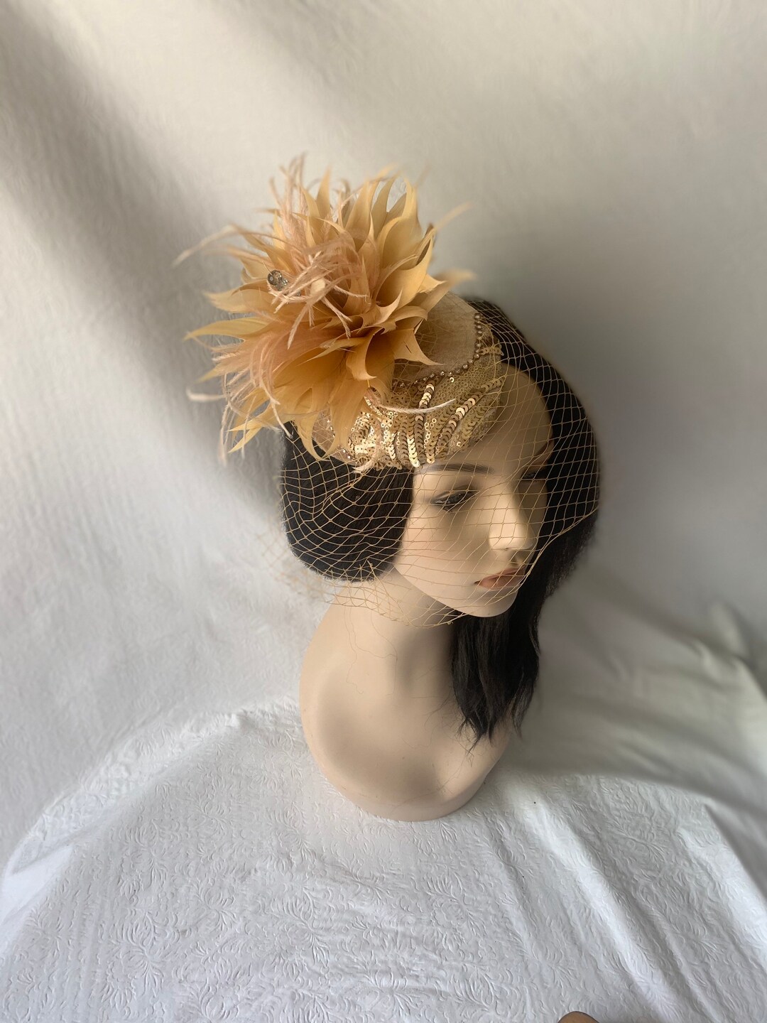 Champagne Sequin Veil Fascinator Hat With Feather Flower for Weddings ...