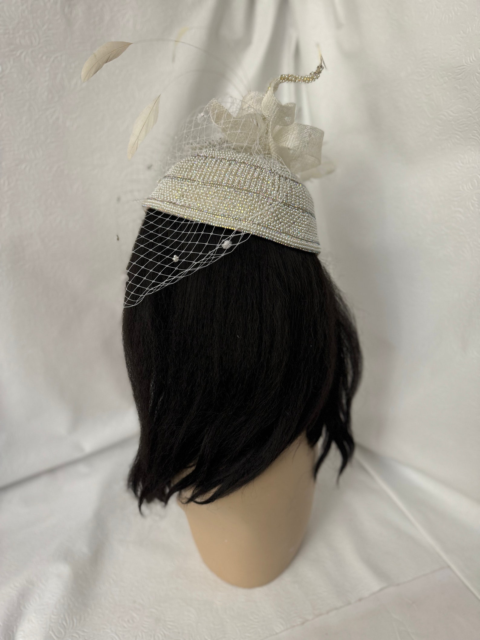 White Pearl Rhinestone Pillbox Hat: Iridescent Church Hat With Veil - Etsy
