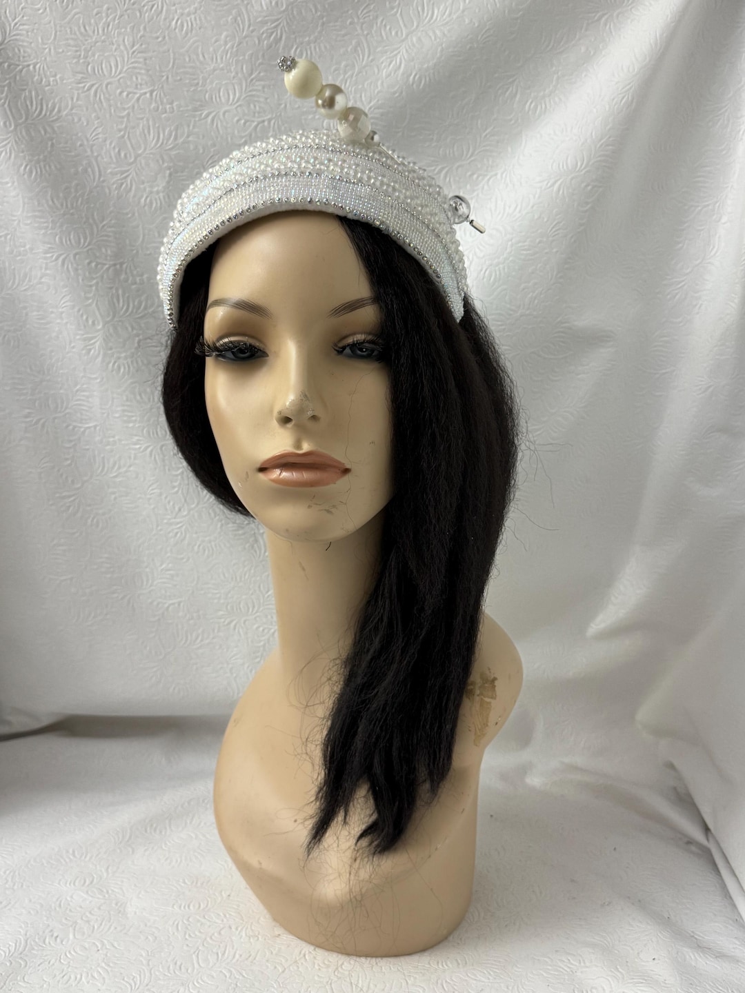White Pearl Iridescent AB Rhinestone Women’s Church Half Hat With ...