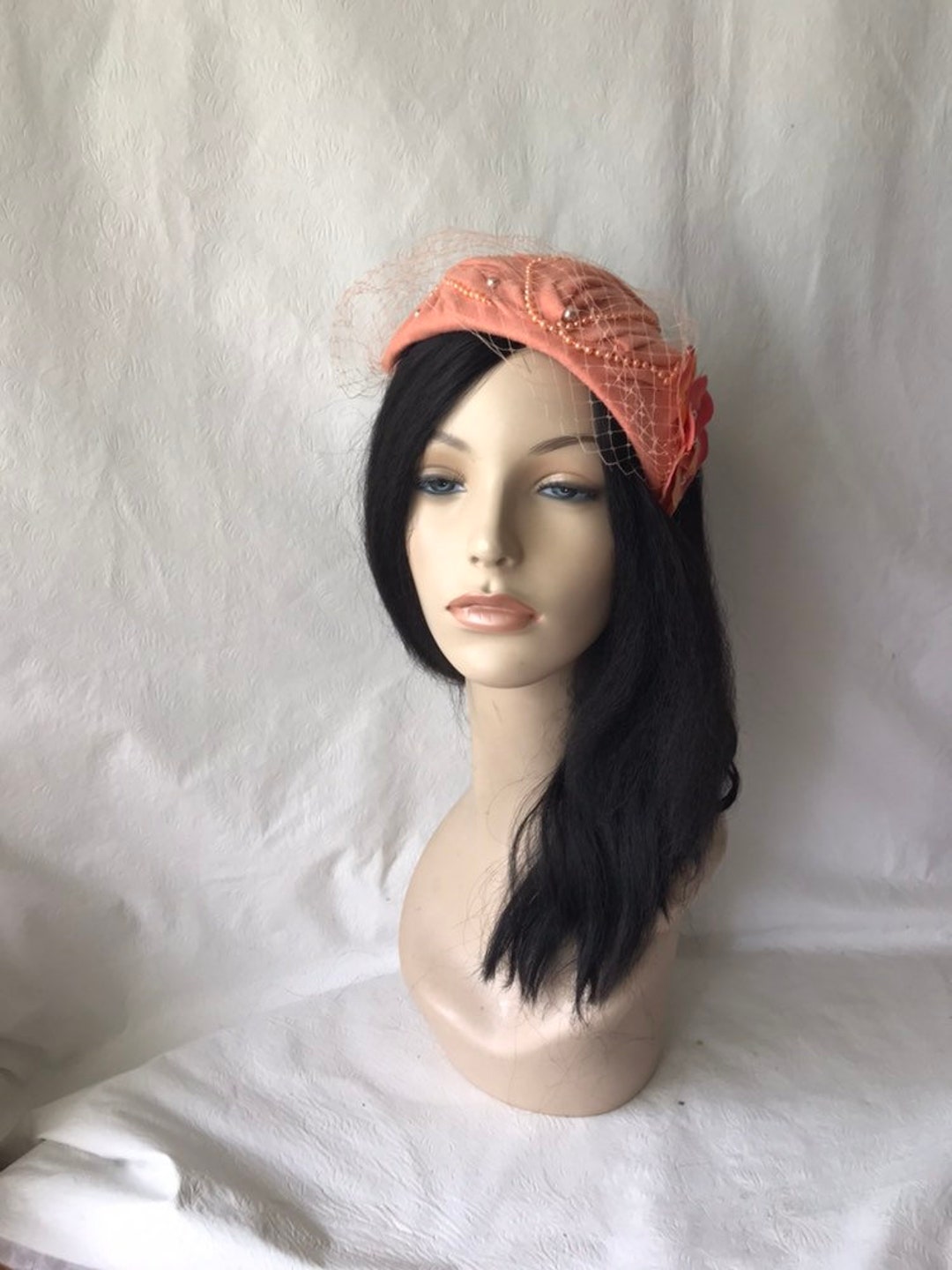 Coral Fascinator Hat, Vintage Half Hat, Coral Peach Wedding Hat, Women ...