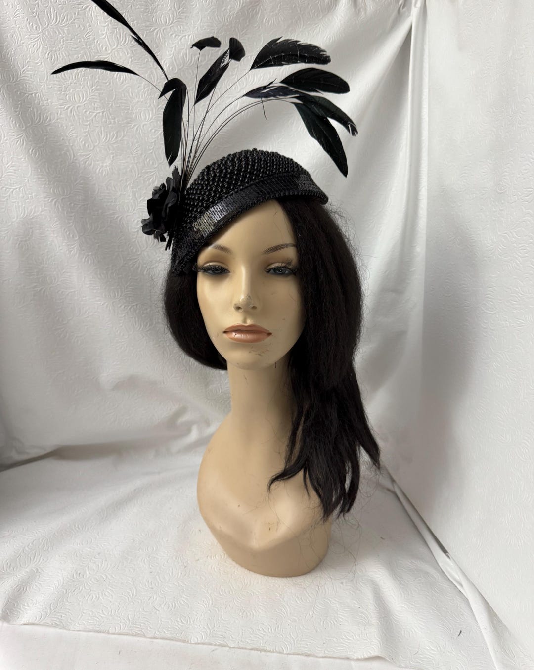 Black Elegant Pearl Beaded Fascinator Half Hat With Feather for Wedding ...