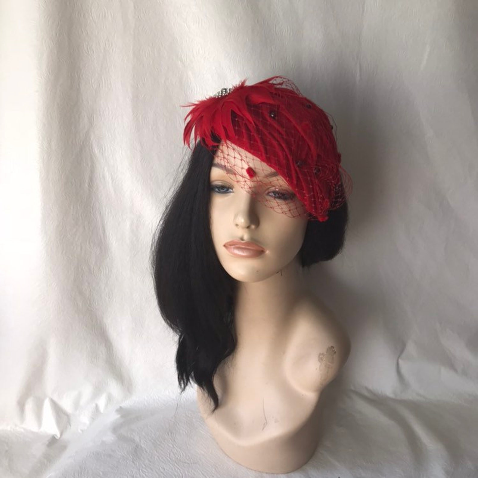 Red Felt Wool Vintage Style 1950s-1960s Half Hat, Red Wedding Hat, Red ...