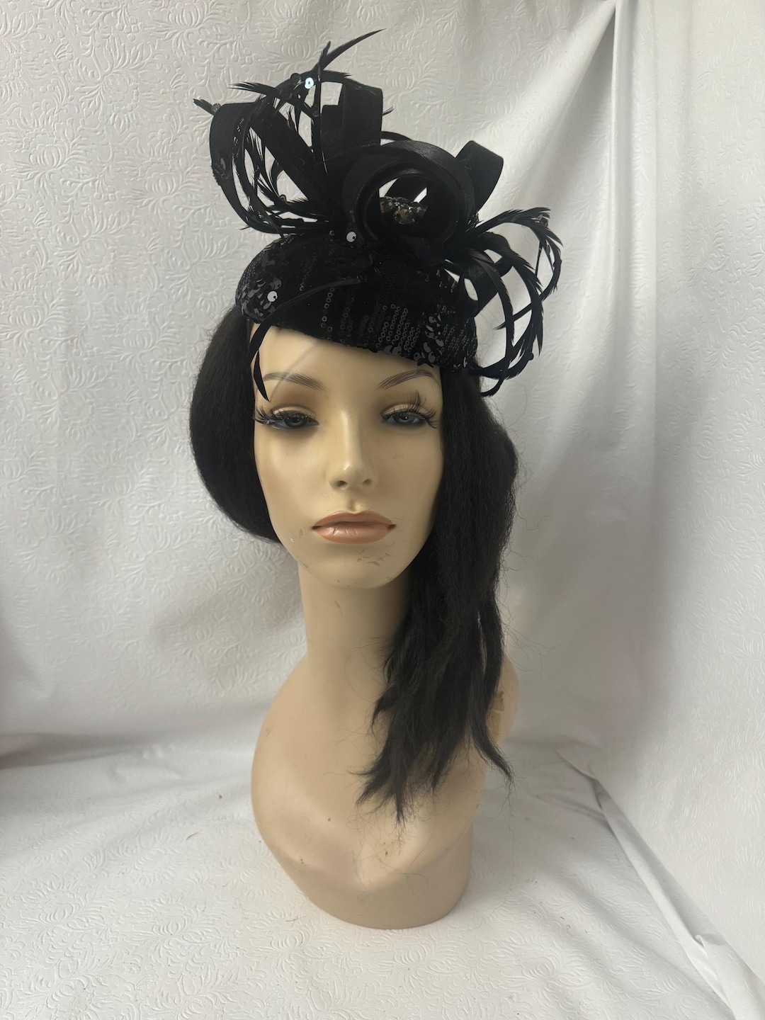 Black Sequin Fascinator Hat for Women - Pillbox Hat for Church ...