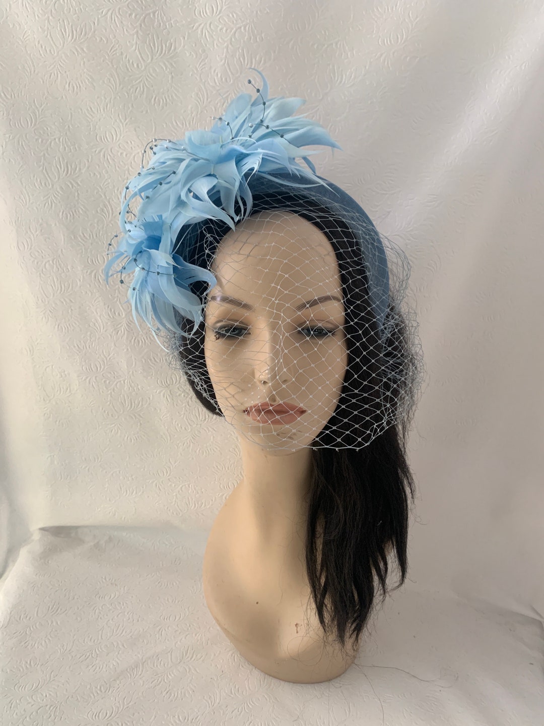 Light Blue Velvet Veil Halo Crown Flower Feather Fascinator Padded ...