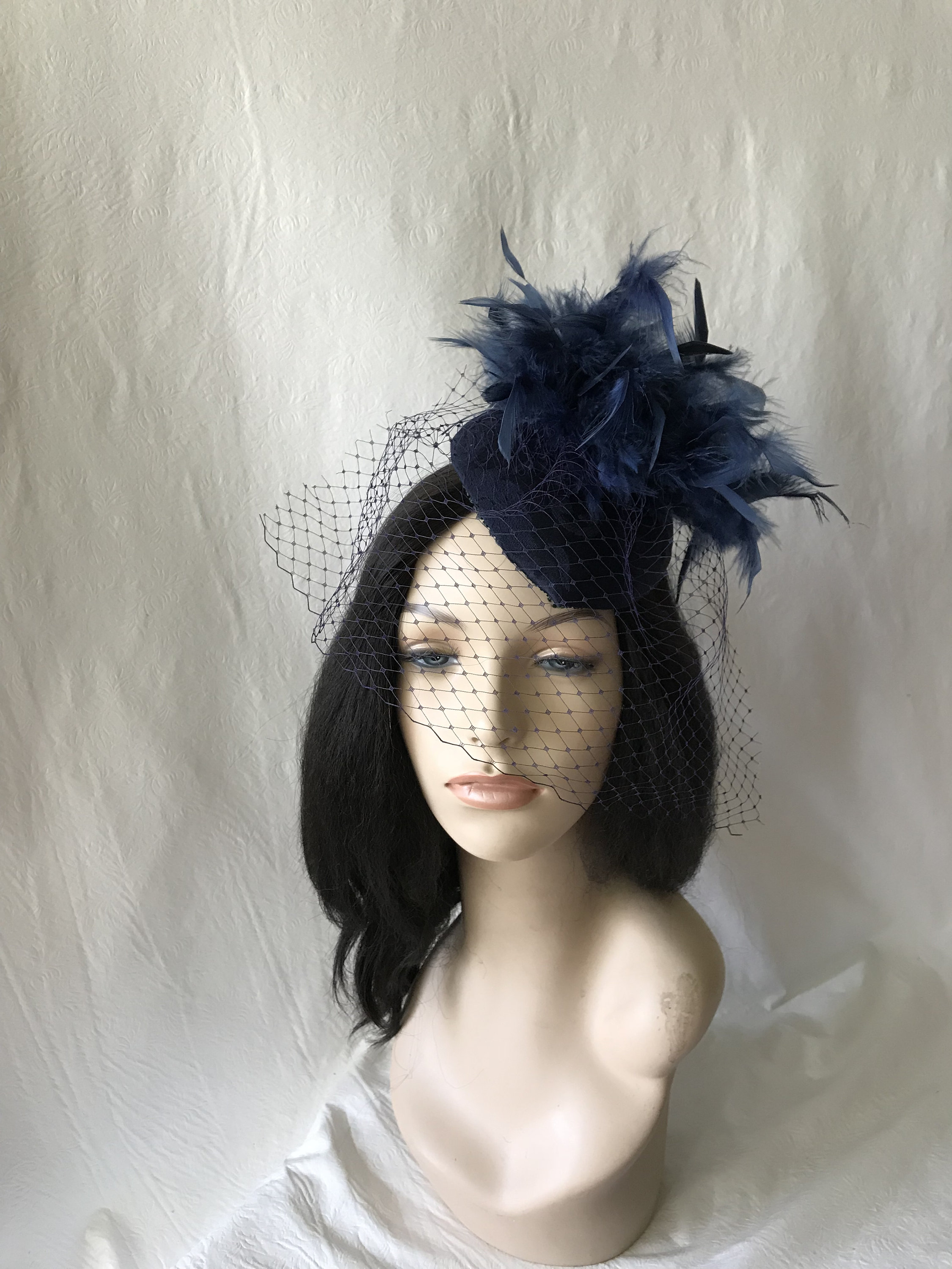 Dark navy Blue Fascinator with veil Navy Blue Feather Hat | Etsy