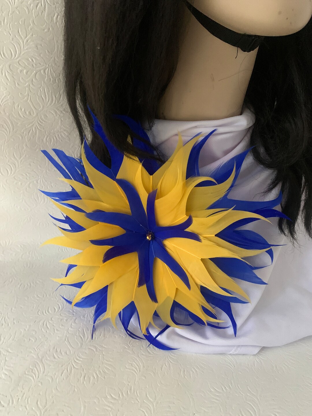 Royal Blue and Golden Yellow Extra Large Feather Flower Brooch Pin for ...