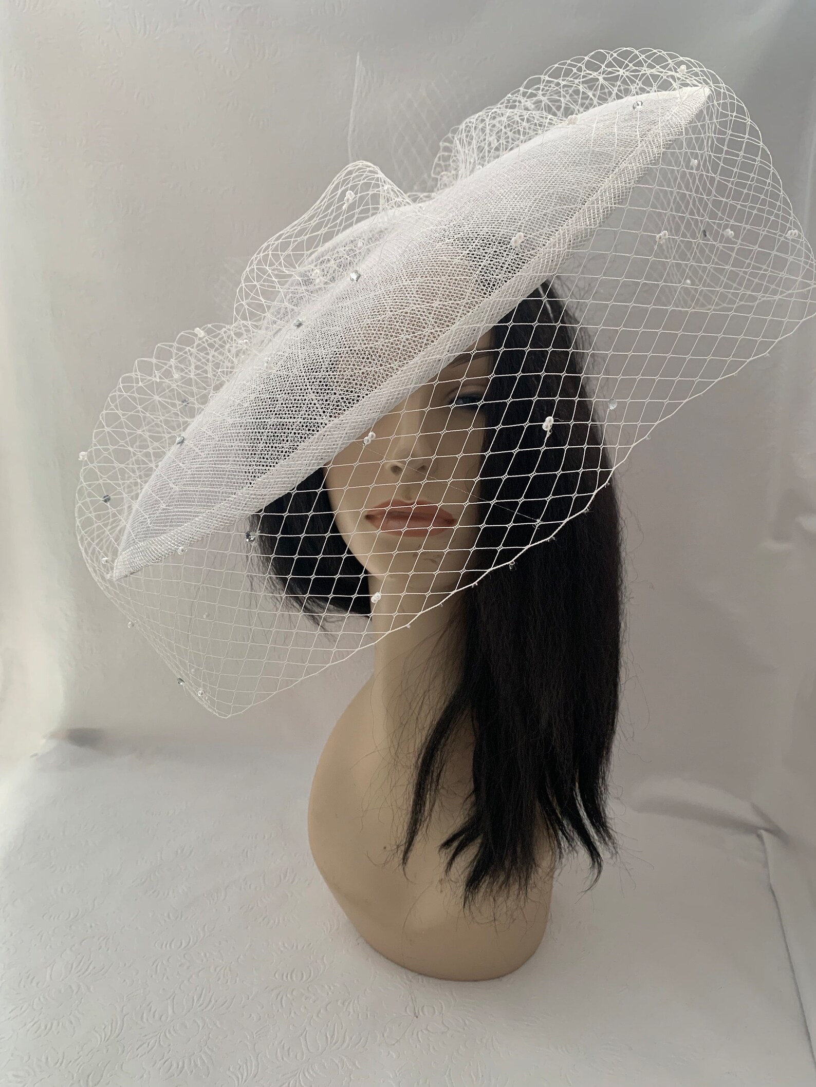White Large Brim Fascinator Hat With Pearl and Rhinestone Veil for ...