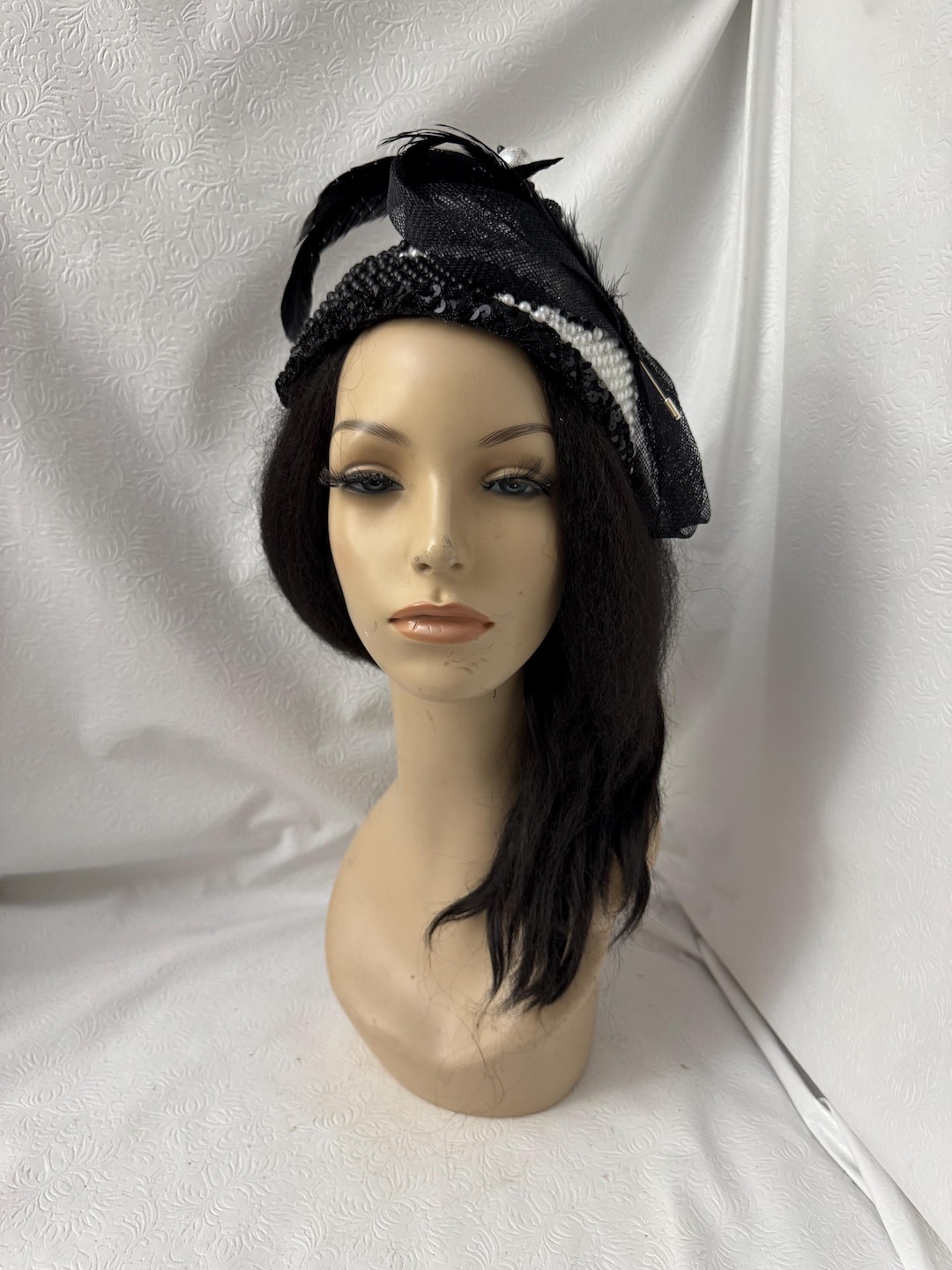 Black and White Elegant Vintage Style Pearl Beaded Half Hat Fascinator ...