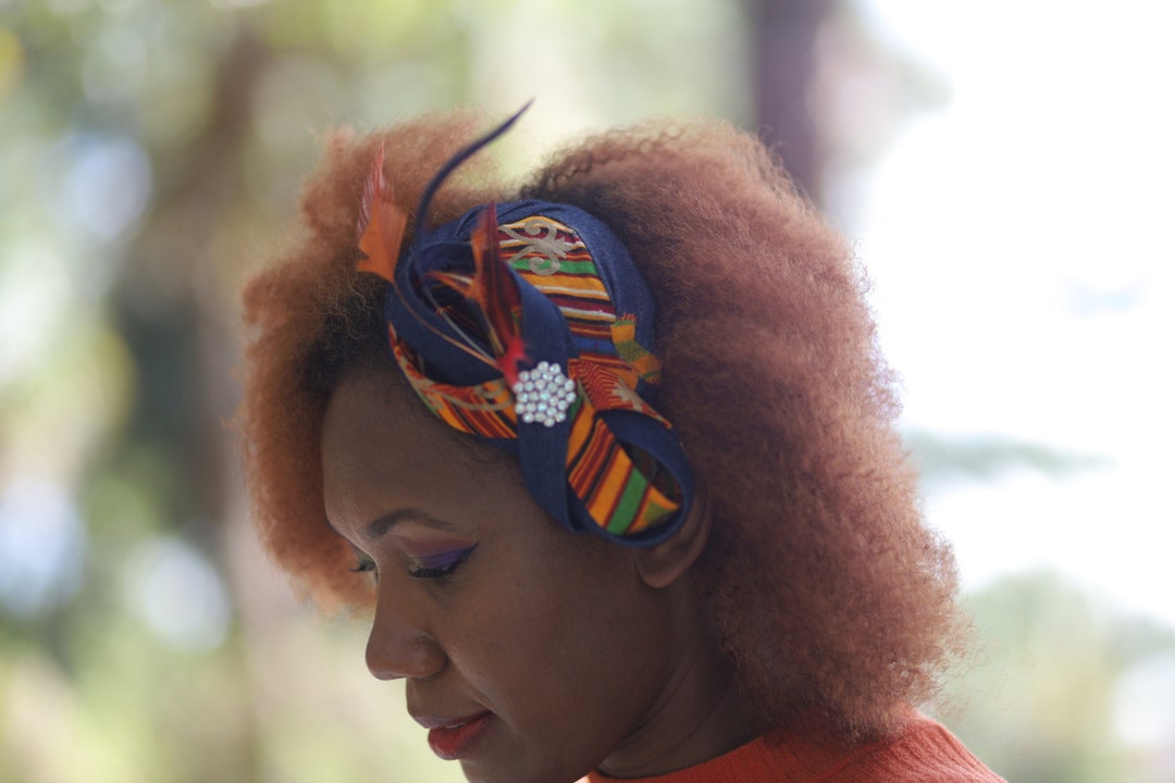 Denim African Ankara Fascinator Hat, African Church Fascinator, Kente ...