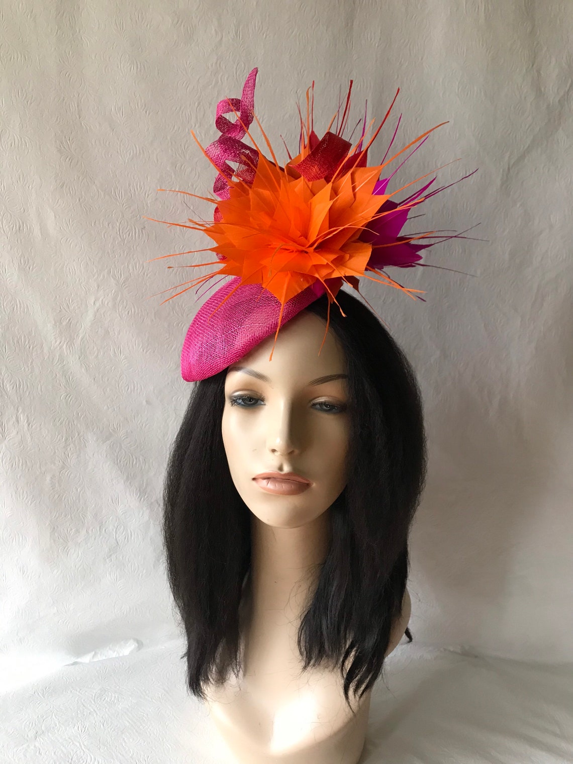 Hot Pink Orange and Red fascinator hat Fancy Feather Flower | Etsy