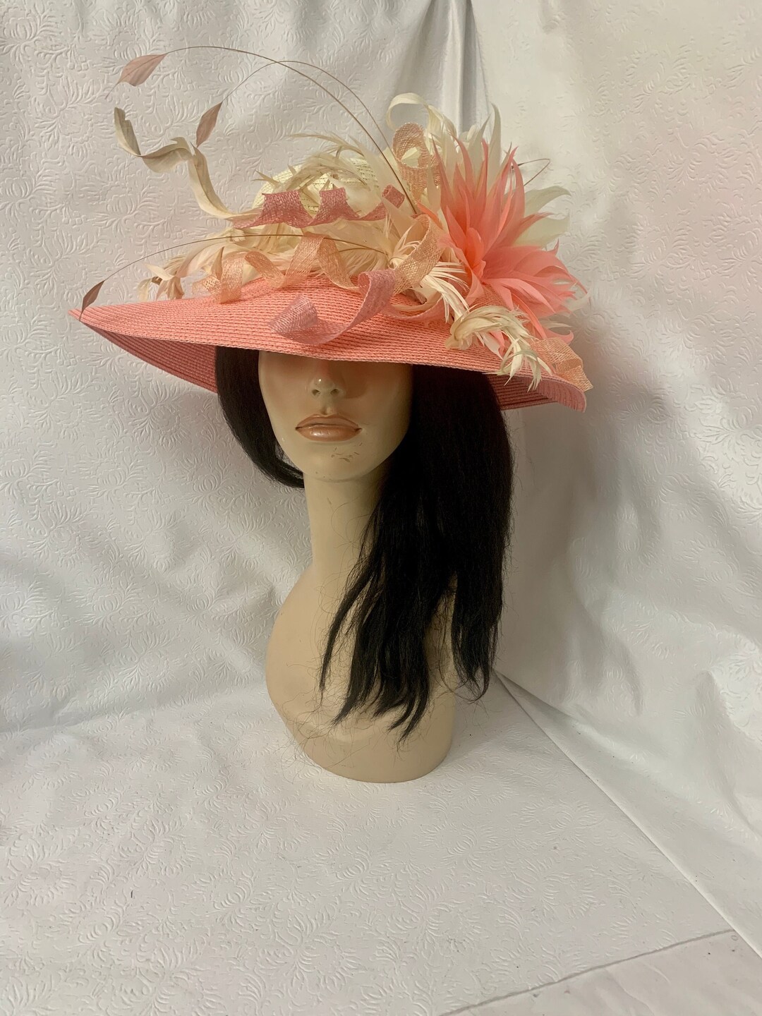 Peach Pink and Cream Kentucky Derby Wide Brim Feather Hat for Races ...