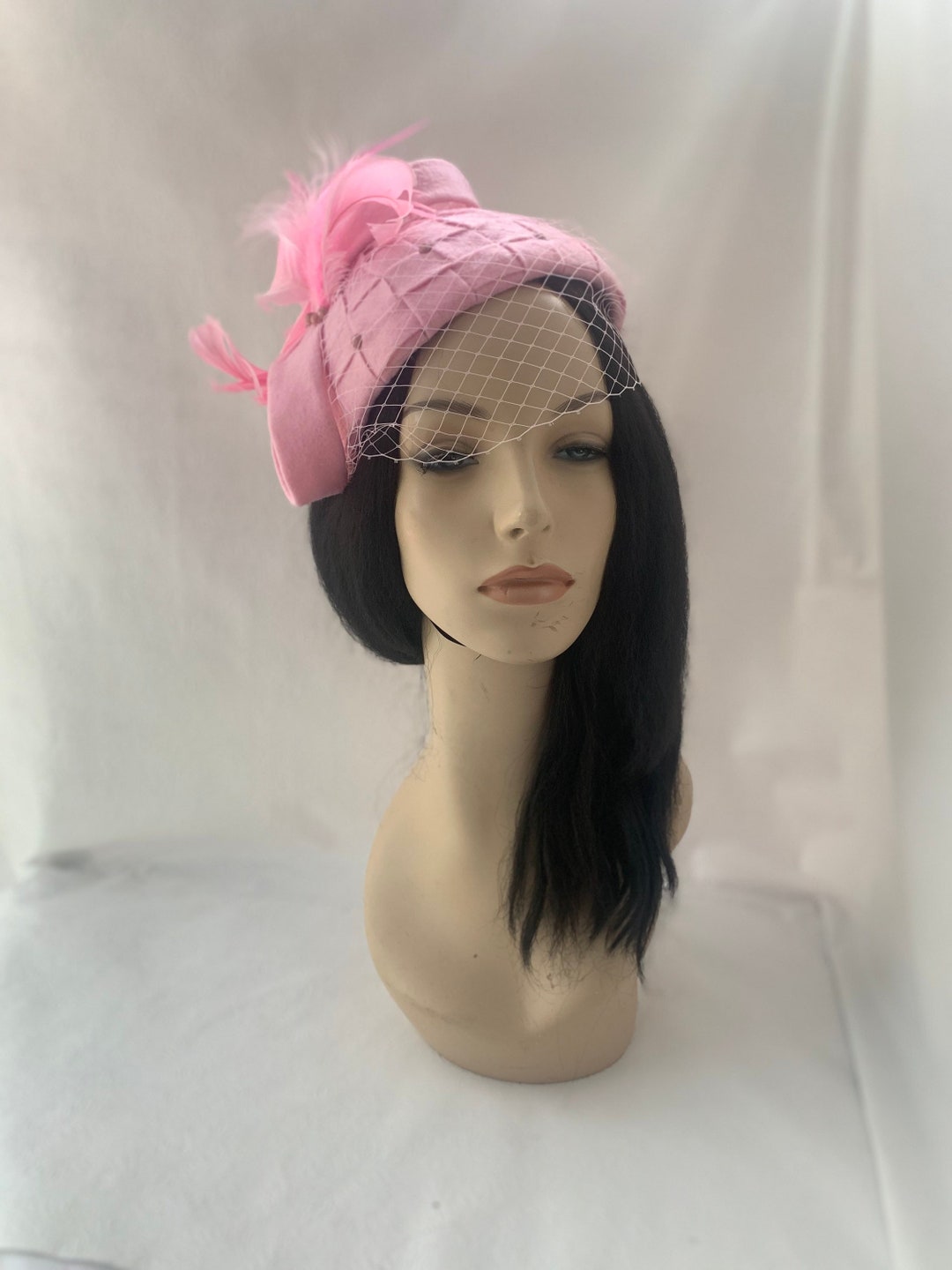 Pink Women’s 1950s Vintage Wool Veil Pillbox Half Hat Fascinator Style ...