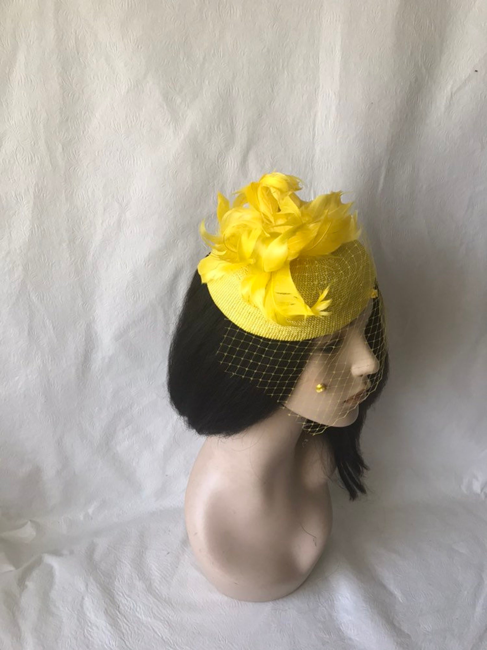 Yellow Fascinator Hat With Dot Veil, Wedding, Mother of Bride, Women's ...