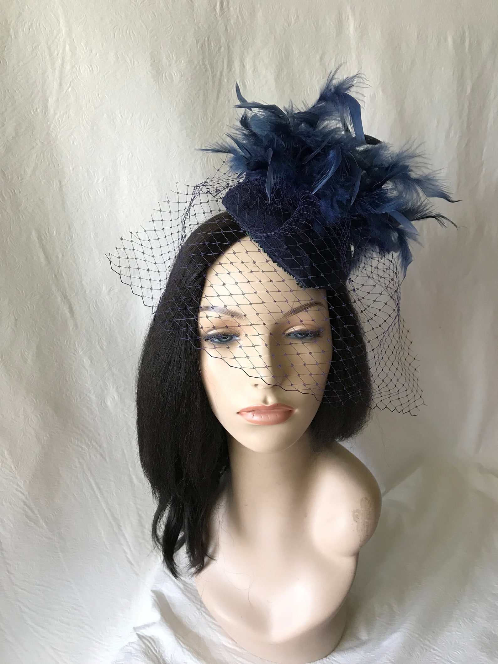 Navy Blue Feather Fascinator Hat With Birdcage Veil, Women’s Church Hat ...