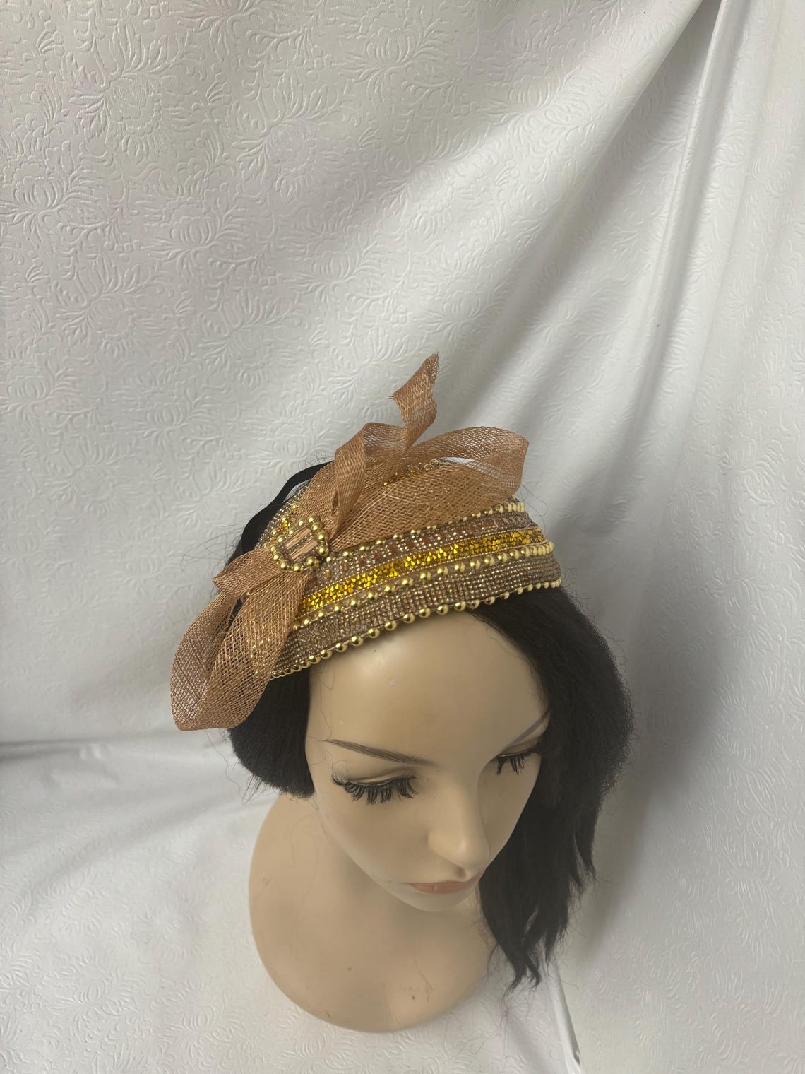 Elegant Bronze and Gold Pearl Beaded Fascinator Half Hat for Church ...