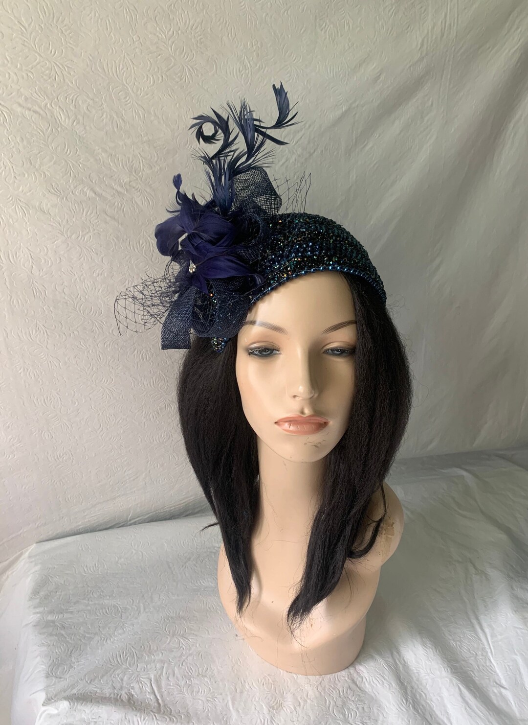 Dark Navy Blue Flapper Style 1920s Vintage Pearl Beaded Fascinator Half ...