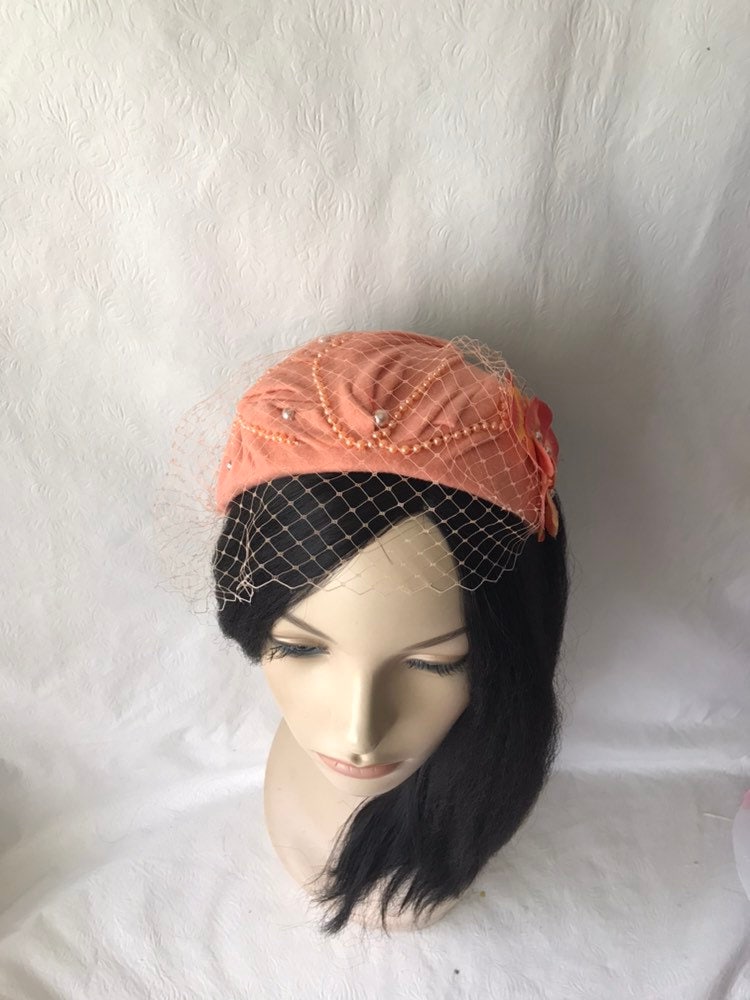 Coral Fascinator Hat Vintage Half Hat Coral Peach Wedding | Etsy