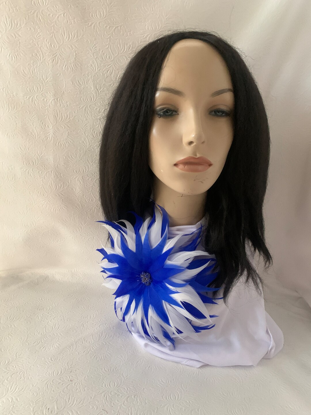Royal Blue and White Feather Flower Fancy Brooch Pin for Church ...