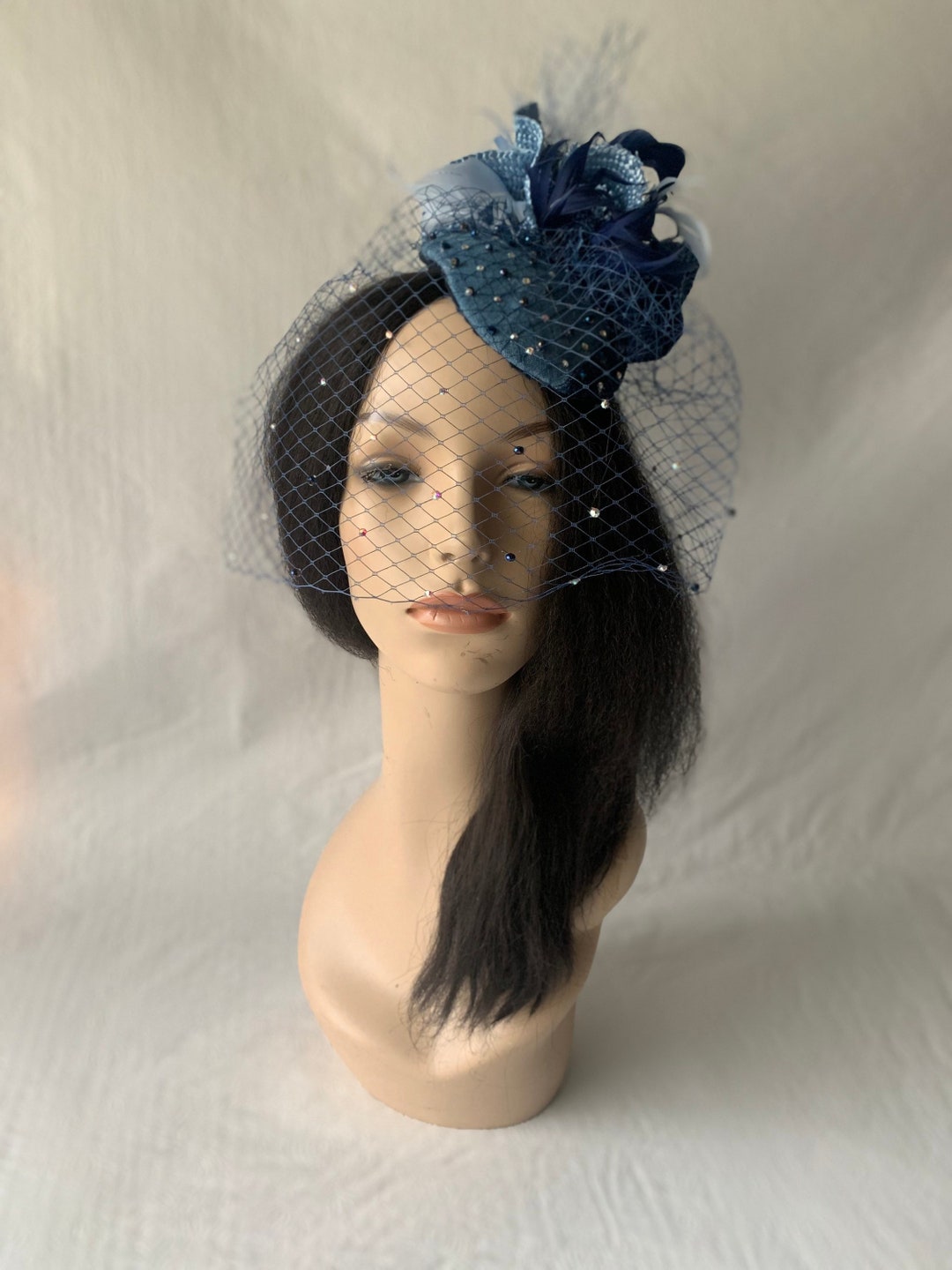 Blue Denim Jeans Kentucky Derby Tea Party Fascinator Hat With Veil ...
