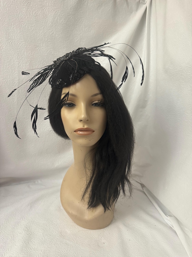 Elegant Black Sequin Mini Cocktail Fascinator Hat With Long Feather for ...
