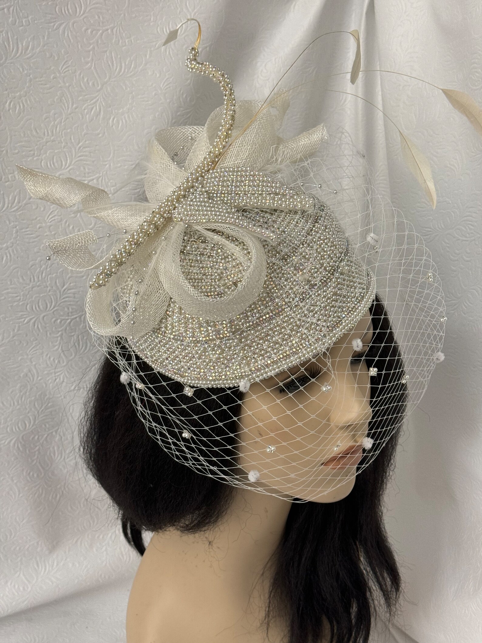 White Pearl Rhinestone Pillbox Hat: Iridescent Church Hat With Veil - Etsy