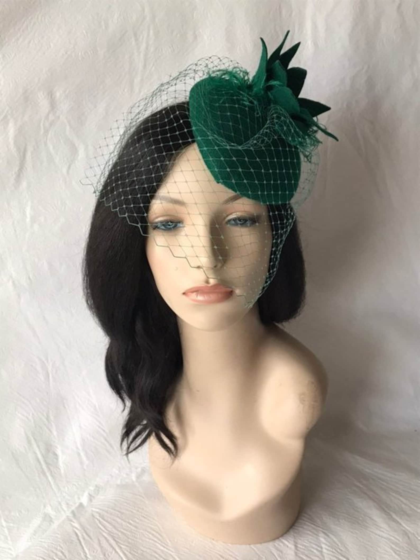 Emerald Green Wool Felt Fascinator: Vintage 1940s Teardrop Veil Hat ...
