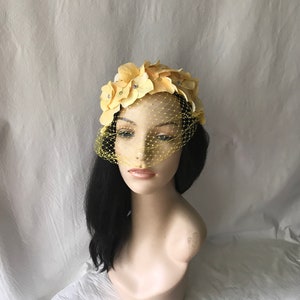 Yellow Flower Fascinator Hat With Birdcage Veil, Yellow Wedding Hat ...